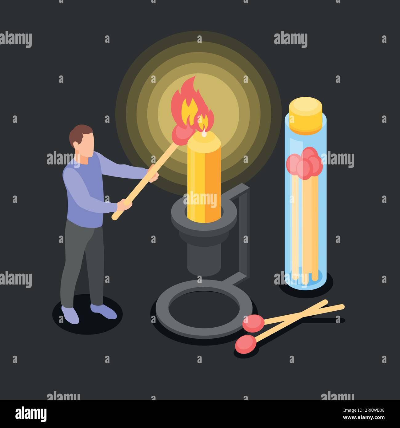 Power outage isometric design concept with man lighting big candle by ...