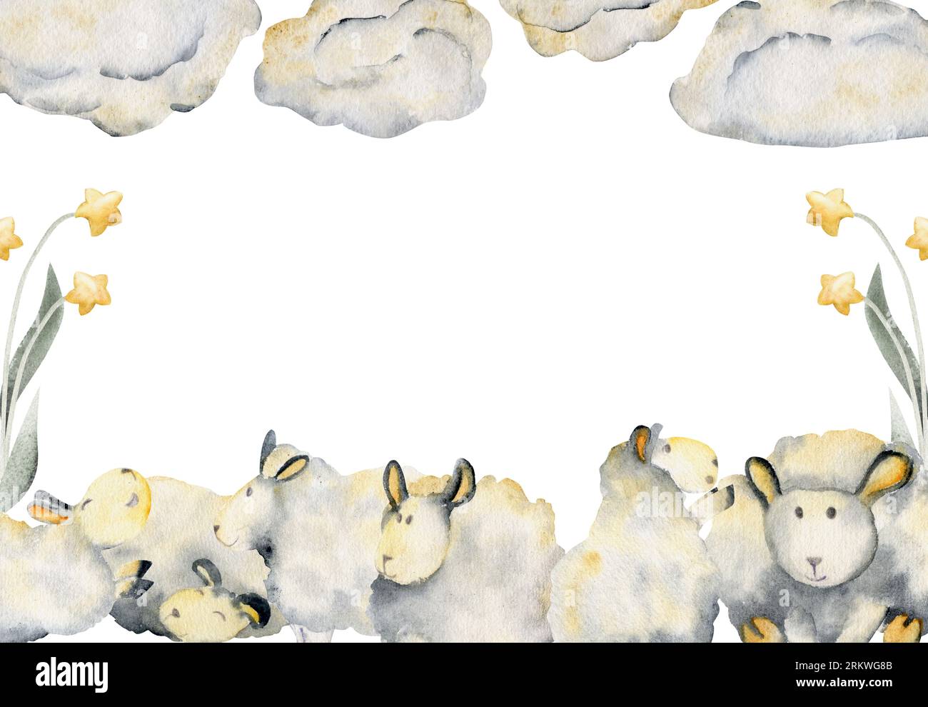 Watercolor hand drawn illustration, cute baby sheep with clouds and ...