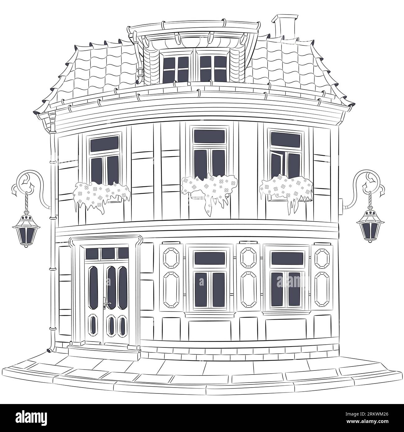 Drawing of an old German traditional half-timbered house under a tiled ...