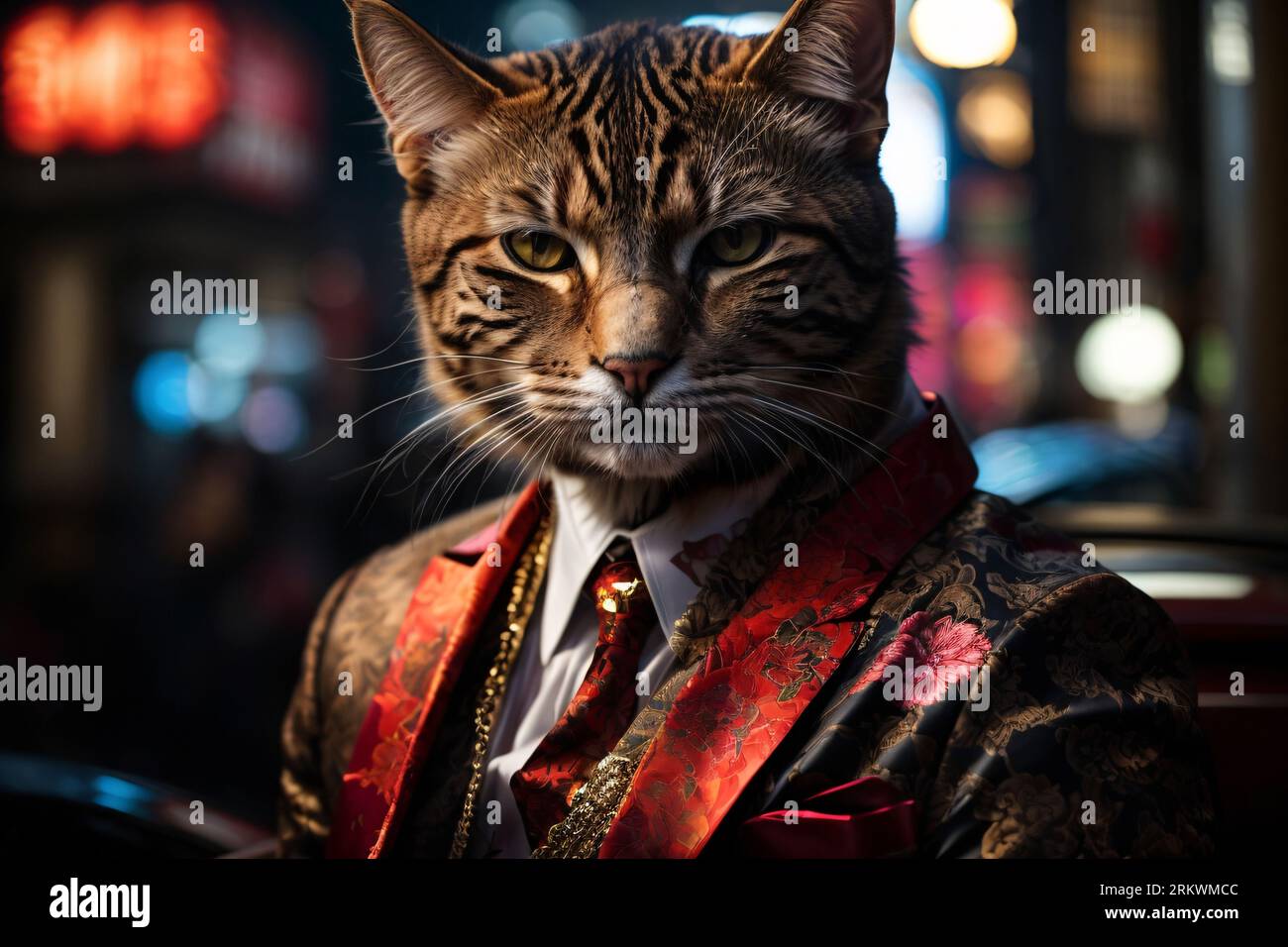 An image of a black and white domestic cat wearing a formal suit and ...
