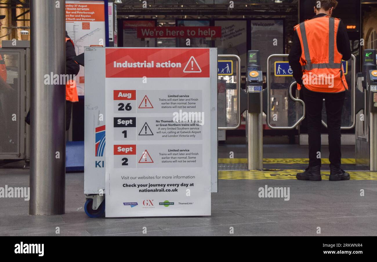 London, UK. 26th August 2023. An industrial action sign at a station in ...