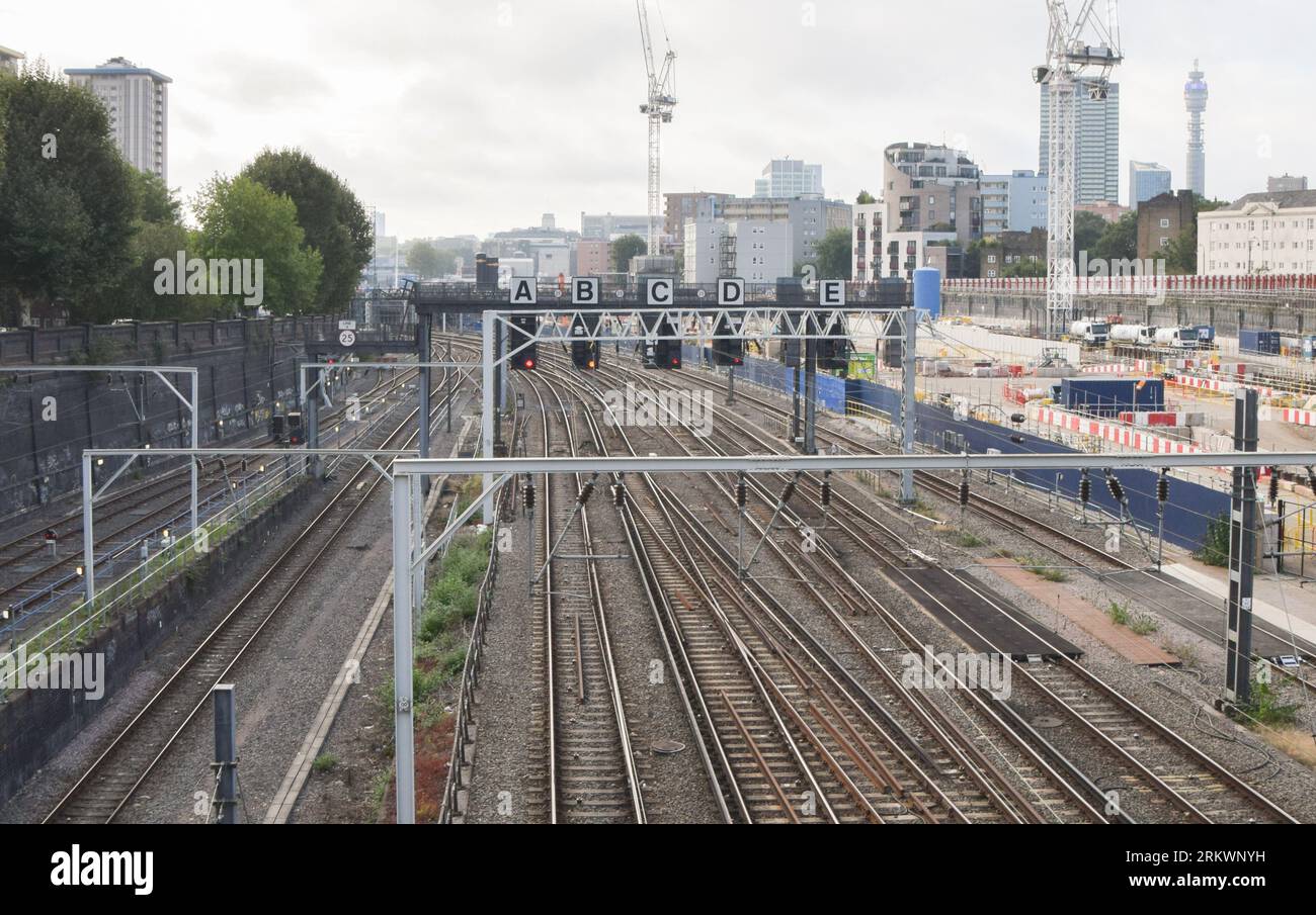 London, UK. 26th August 2023. A view of empty train tracks in London as ...