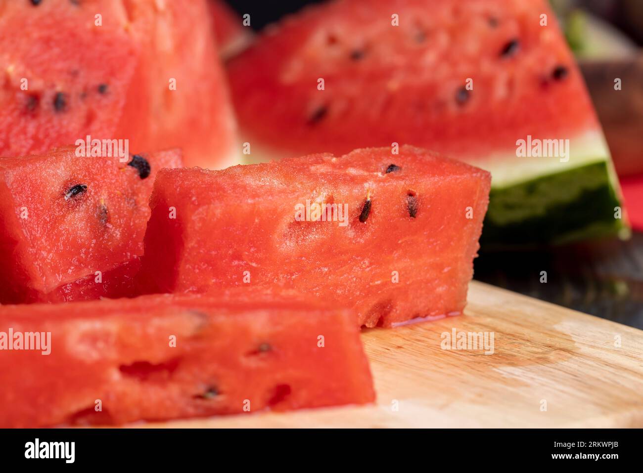 Sliced ripe and juicy watermelon of red color, pieces of ripe red ...