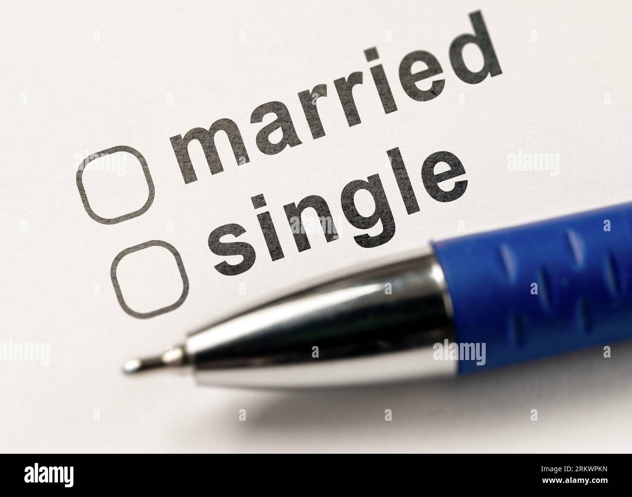 Married or single. blank checkbox with on white paper with pen. Two ...