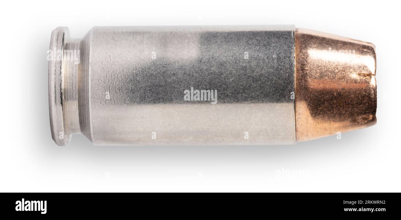 hollow point bullet on 40 caliber handgun ammunition with a silver case ...