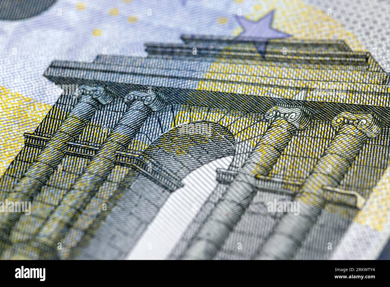 European cash banknotes with a face value of 5 euros close-up , details ...