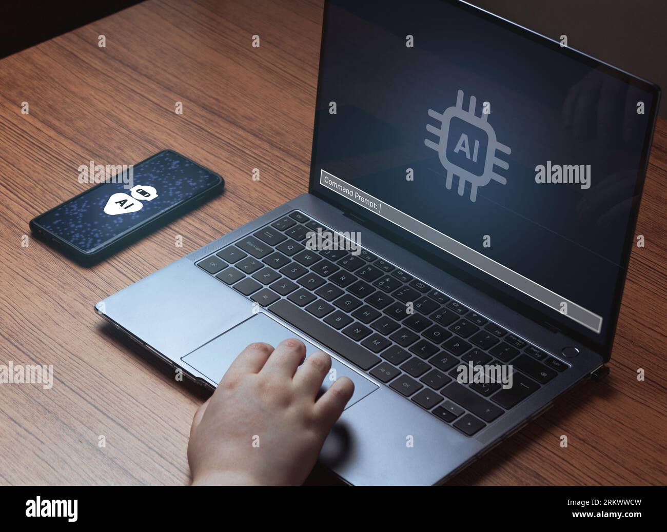 Woman use the power of AI on laptop and smartphone. Chat concept AI ...