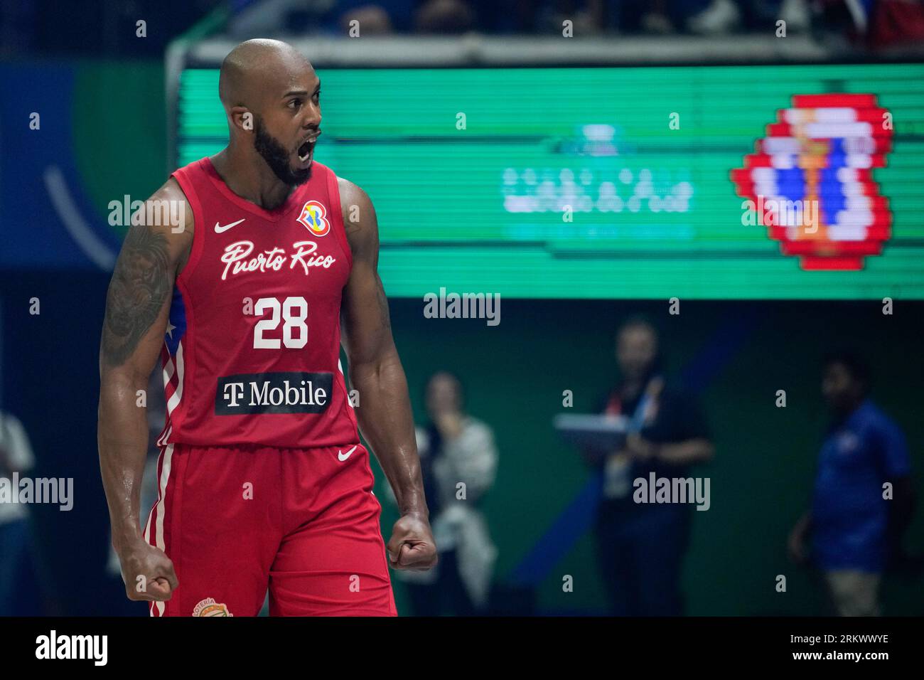 Puerto Rico center Ismael Romero (28) reacts during their Basketball ...