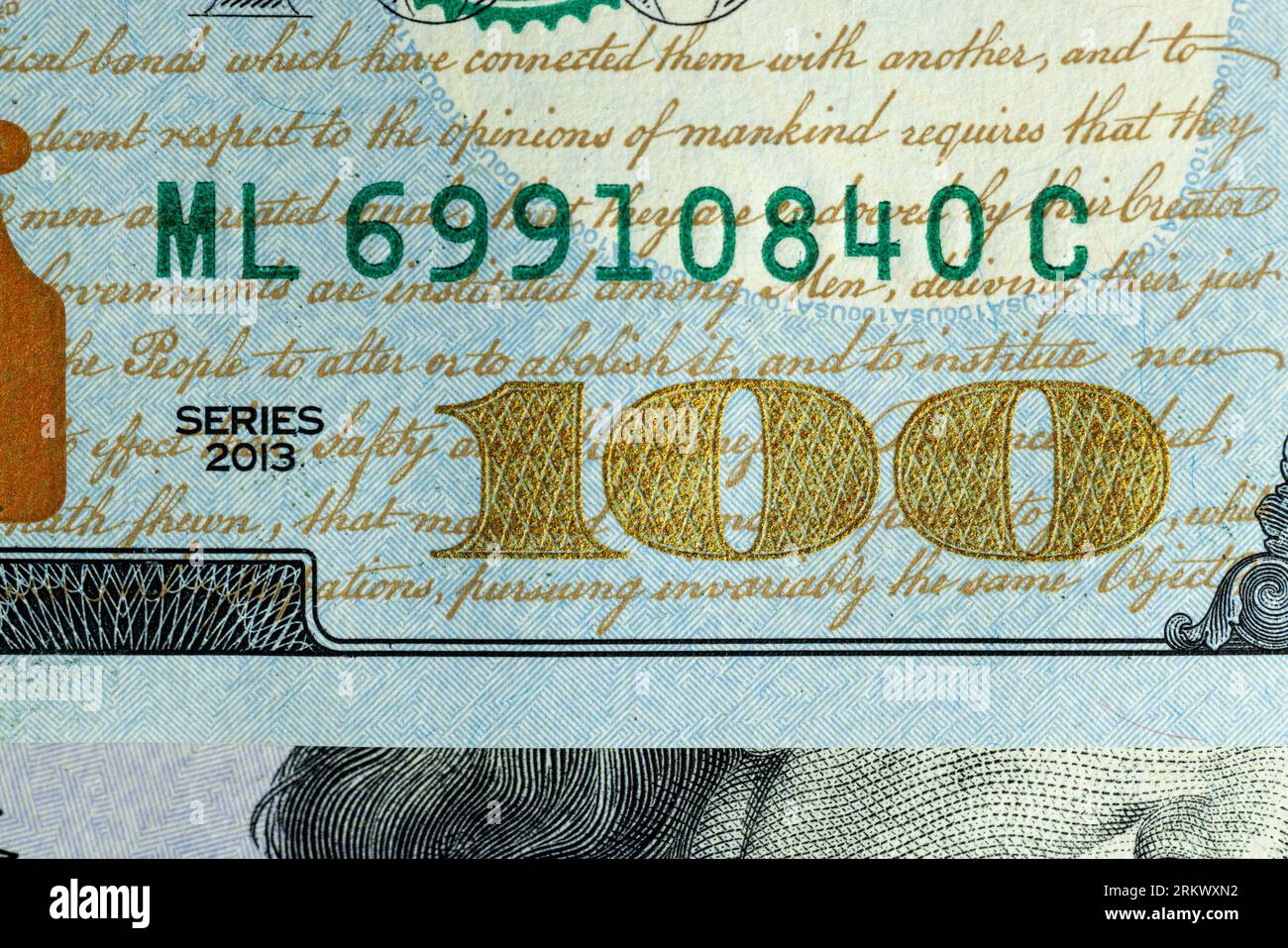 details of a genuine American banknote with a face value of 100, part ...