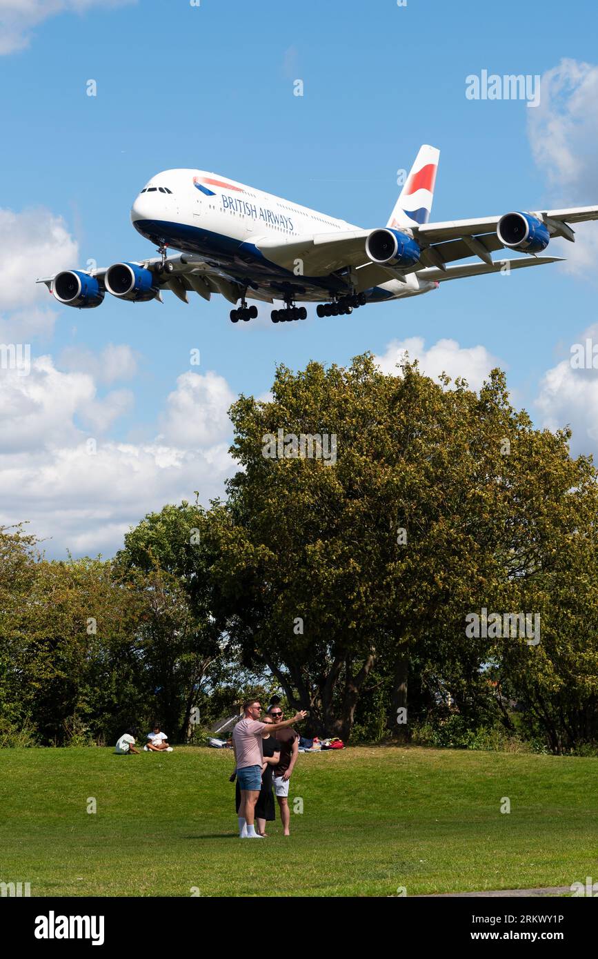 British Airways Airbus A380-841 jet airliner plane G-XLEL on finals to ...