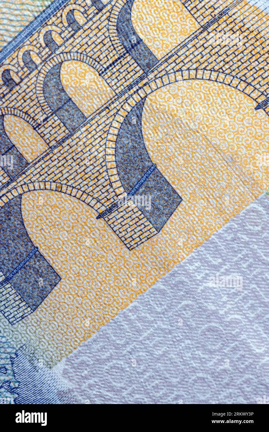 European cash banknotes with a face value of 5 euros close-up , details ...