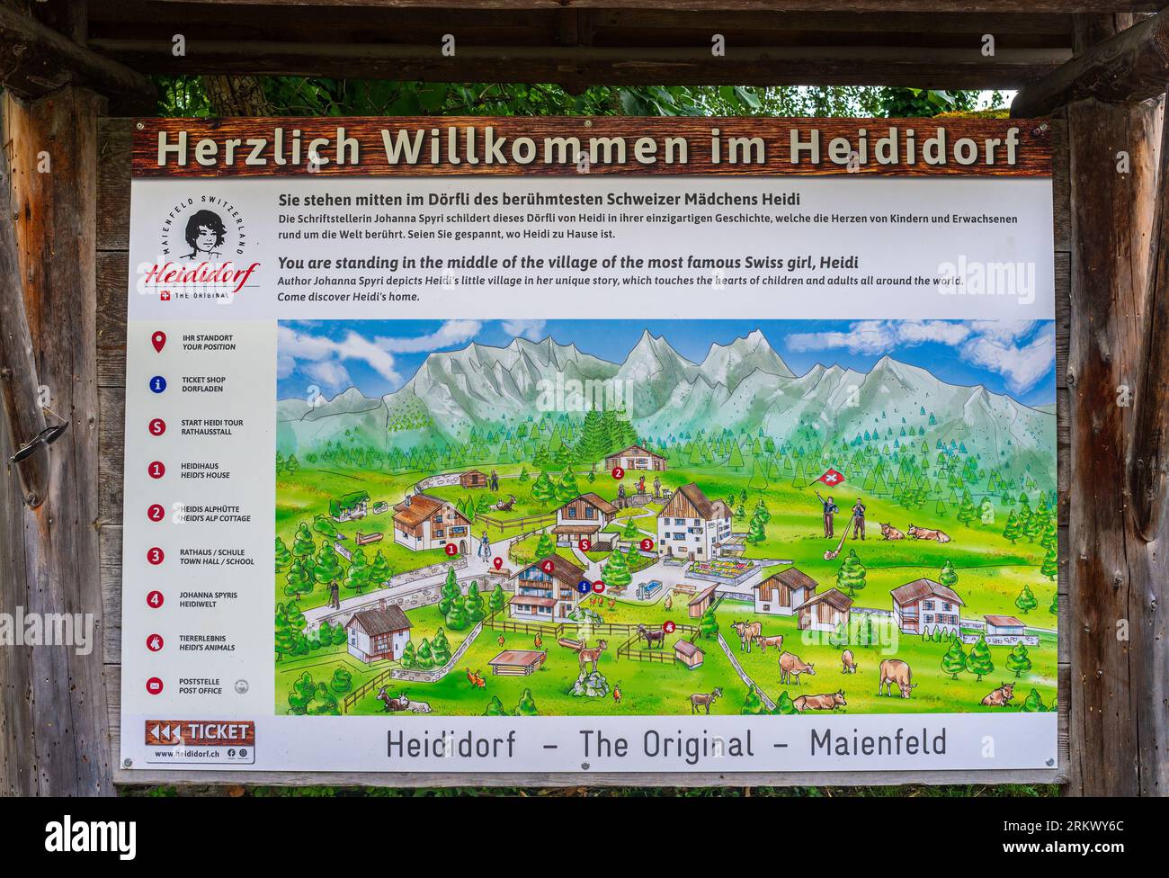 Maienfeld, Switzerland - July 25, 2023: Sign and a map of the village ...