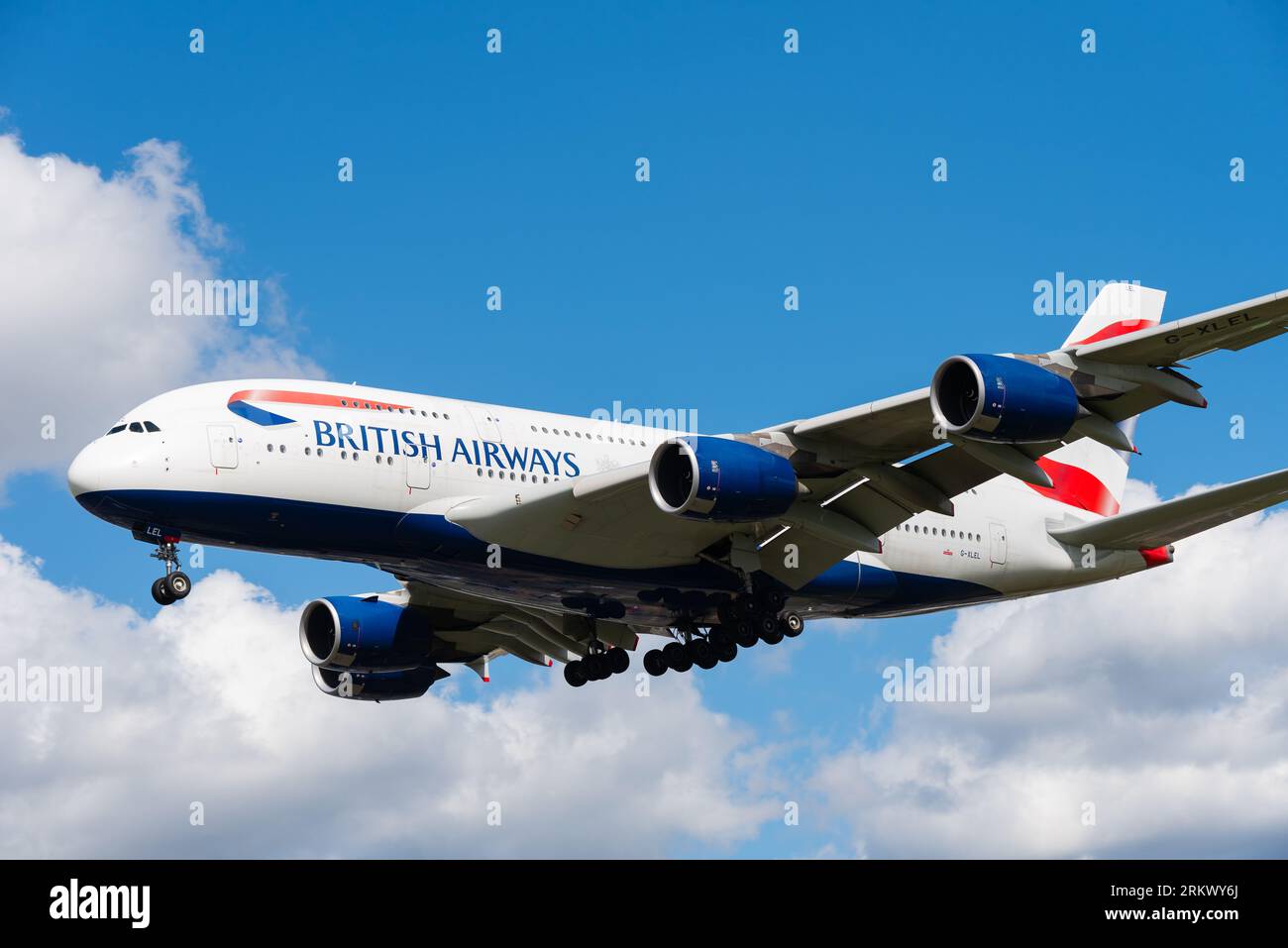 British Airways Airbus A380-841 jet airliner plane G-XLEL on finals to ...