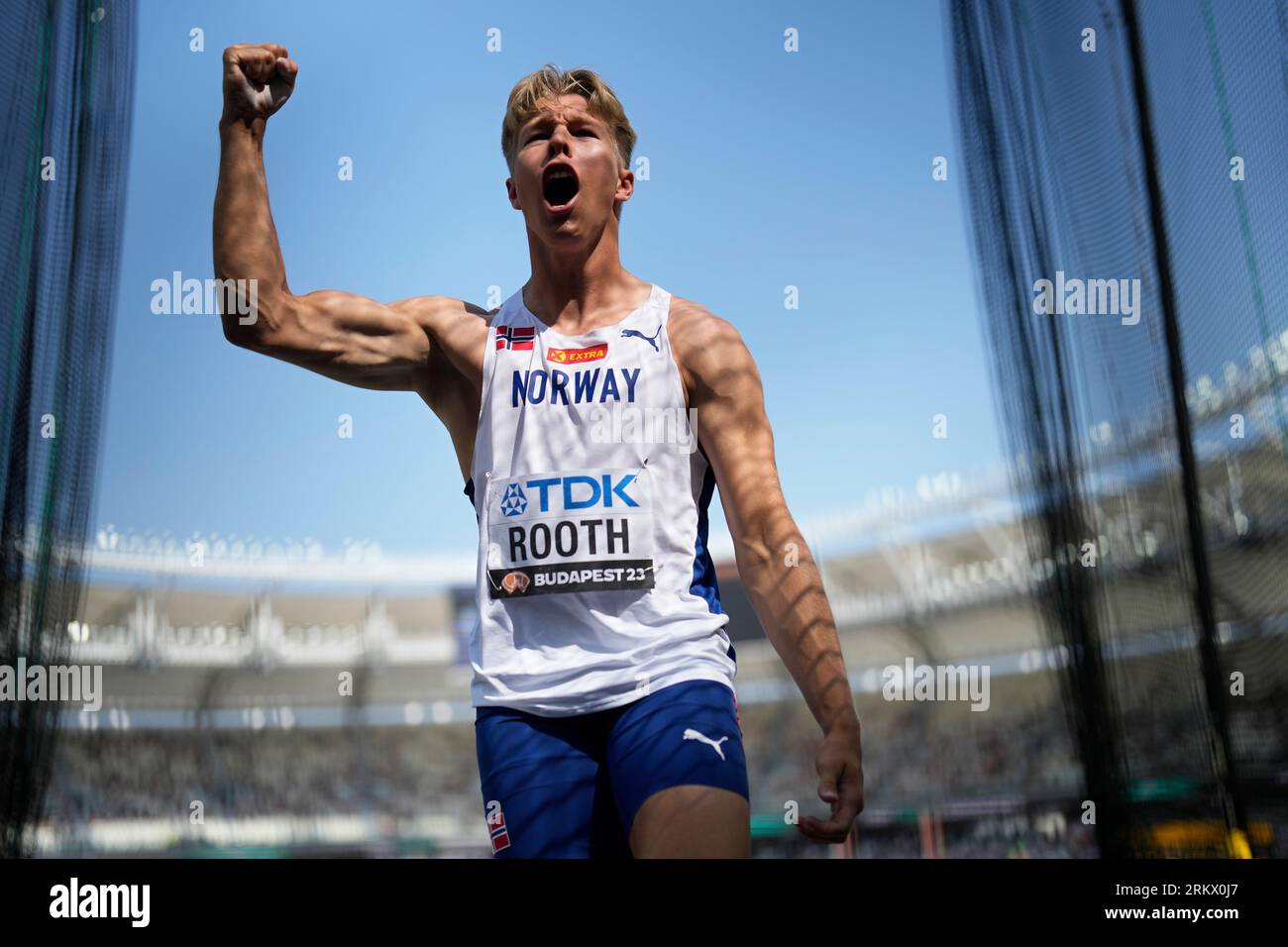 Markus Rooth, of Norway, reacts after an attempt in the decathlon ...