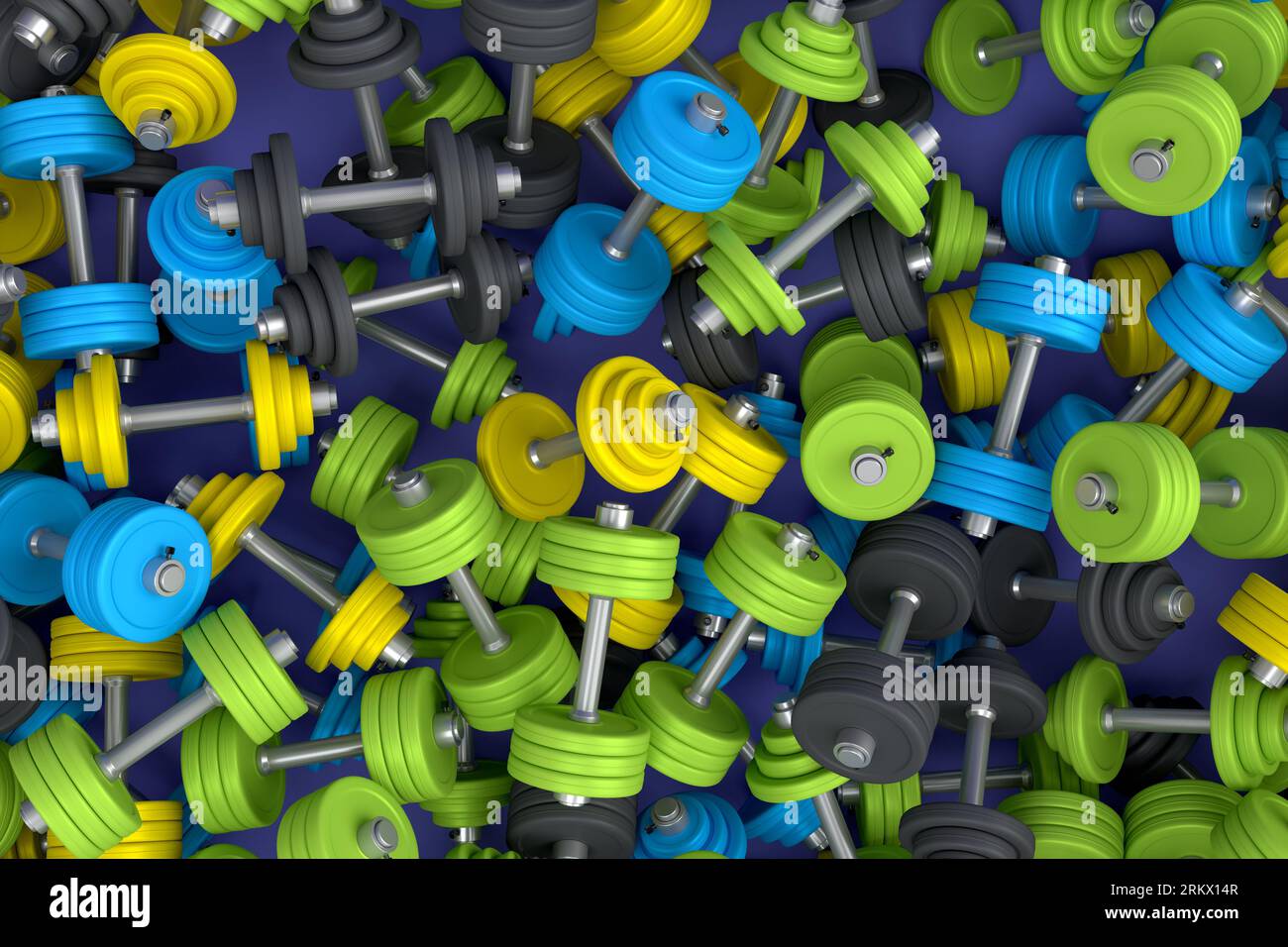 Pile of sport equipment like kettlebell, barbell and dumbbell on black ...