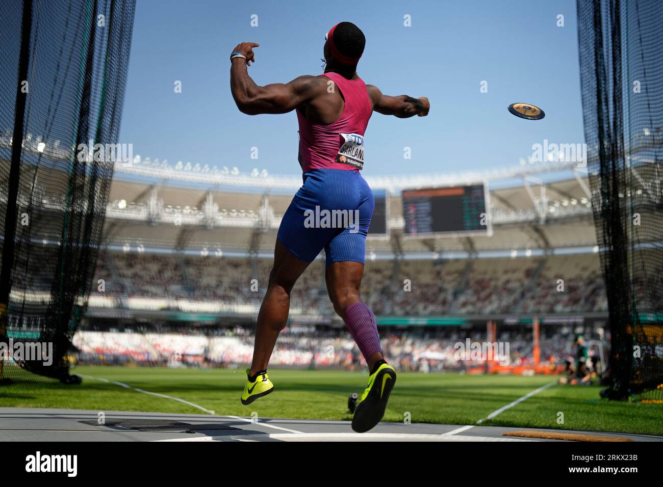 Kyle Garland, of the United States, makes an attempt in the decathlon ...