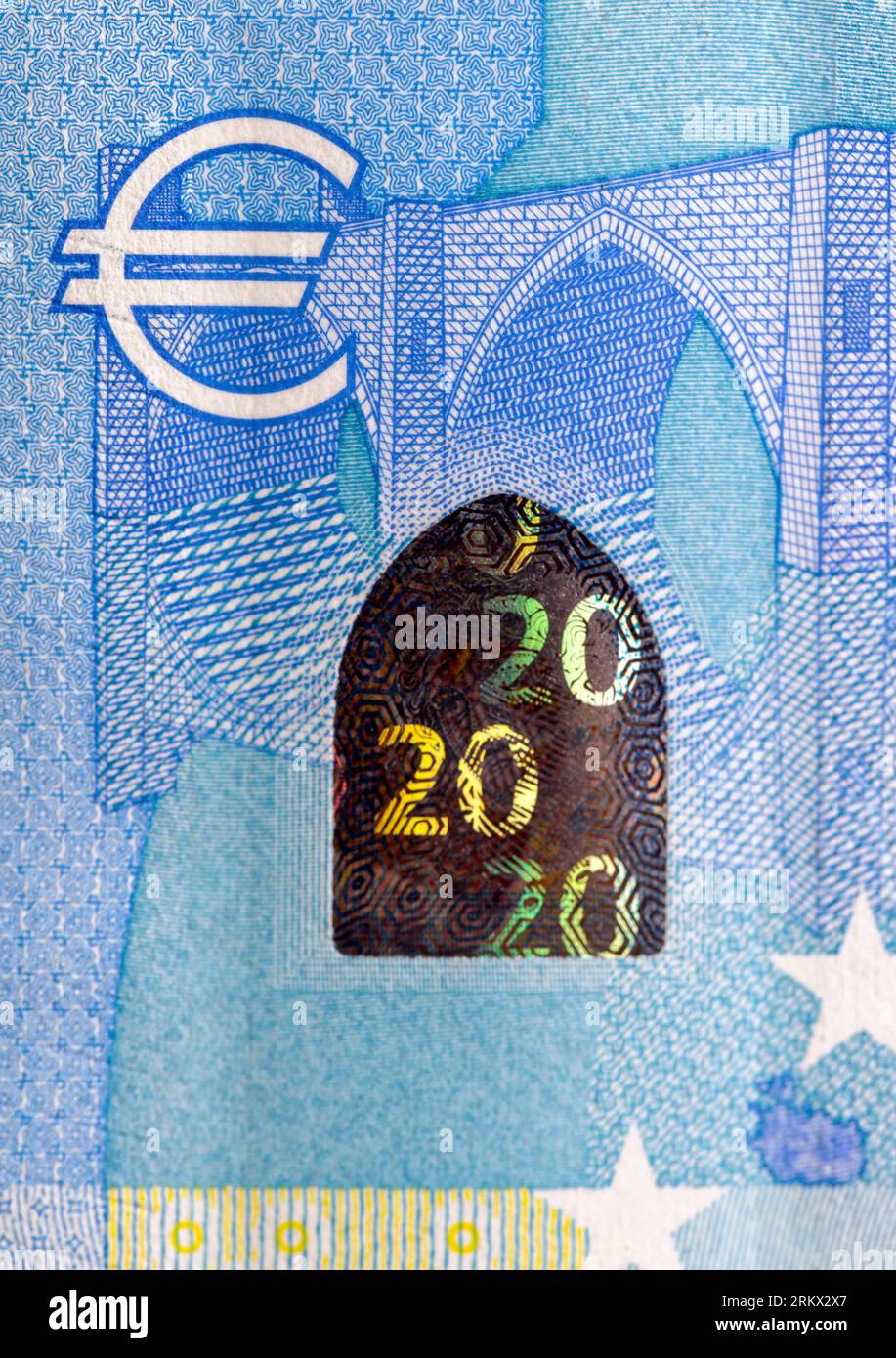 Twenty euros orange color photographed close-up, details of the genuine ...