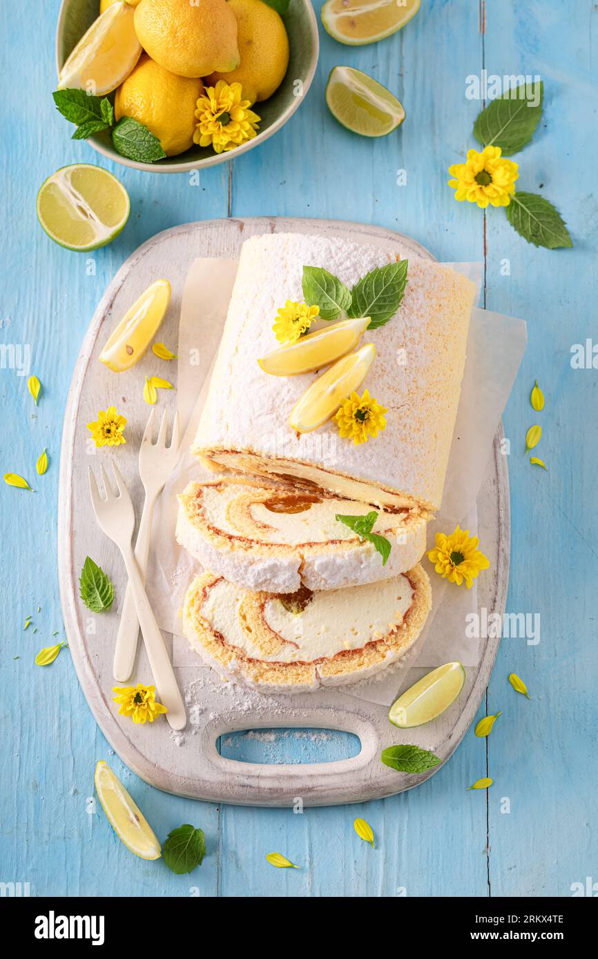 Delicious mango swiss roulade as summer cake. Mango swiss roll made of ...