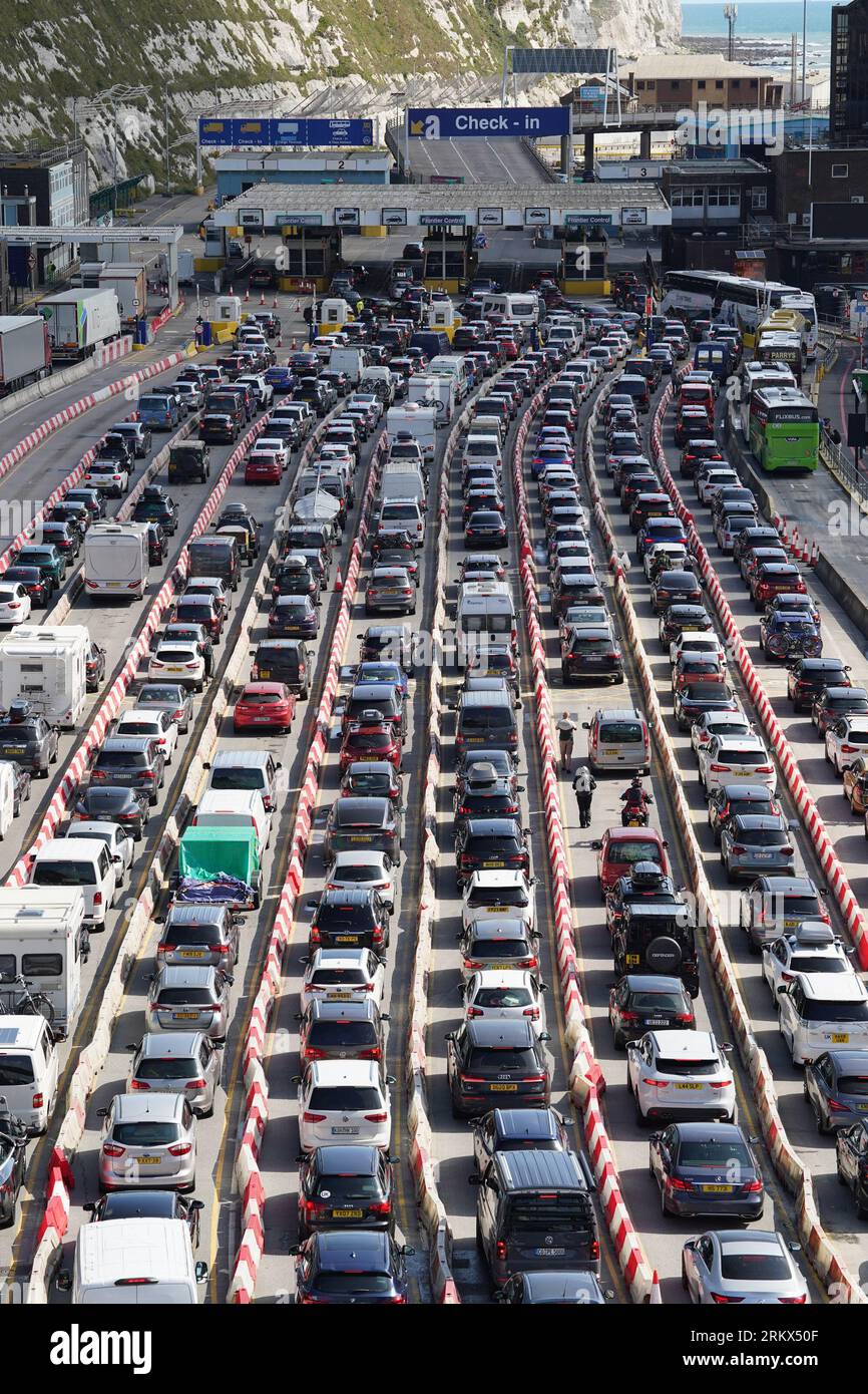 Vehicles queue at the Port of Dover, Kent, as the summer bank holiday ...