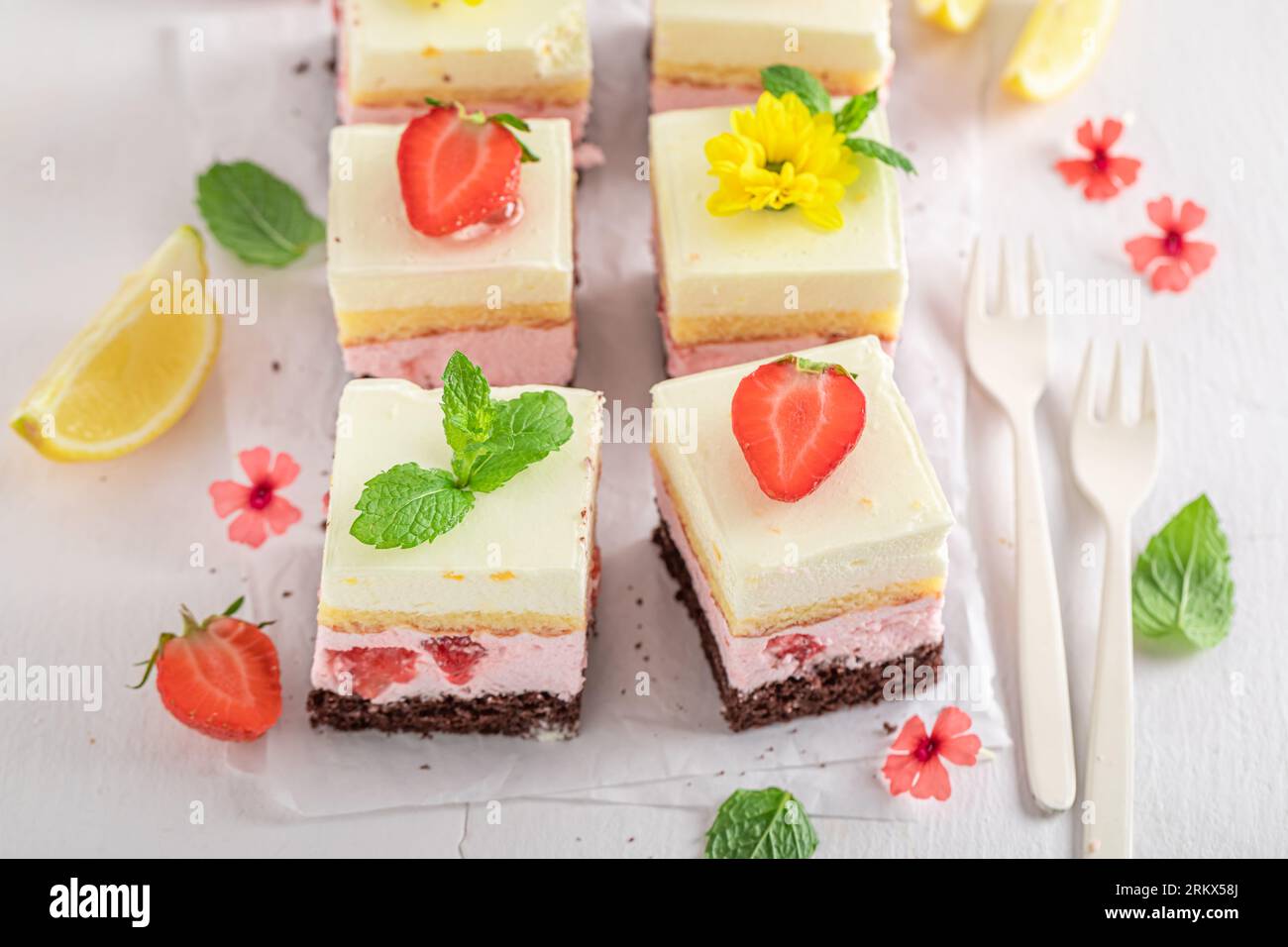 Tasty strawberry sponge cake with jelly and fruits. Sponge cake with ...