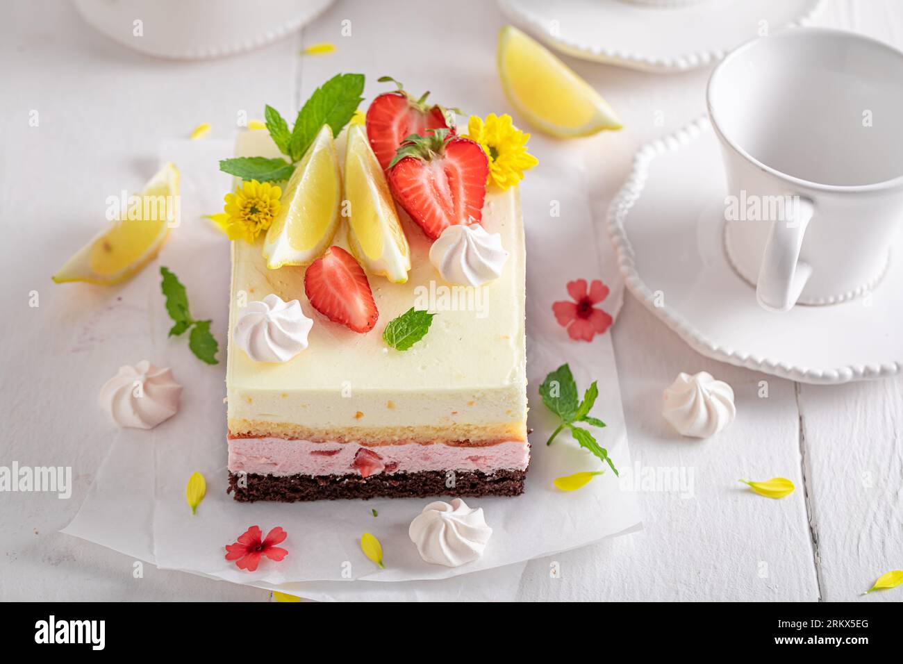Homemade strawberry sponge cake with berries and lemon. Summer fruit ...