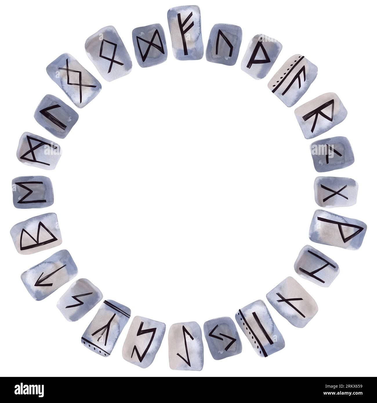 Circle of Odin.Scandinavian runes carved on stone. Wreath. Divination ...