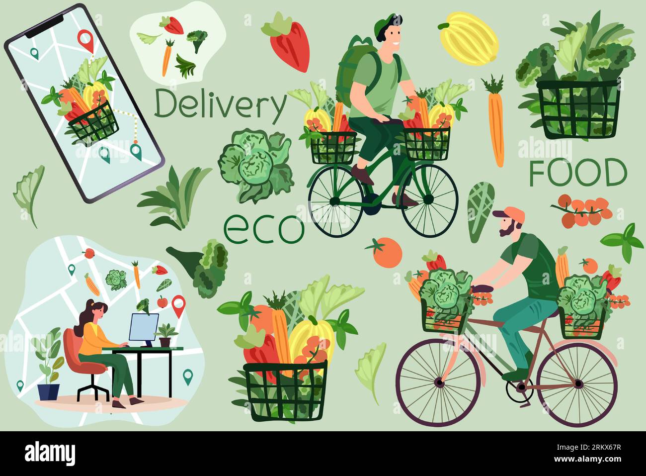 Online order, Courier on bike delivers fresh vegetables and fruits from ...
