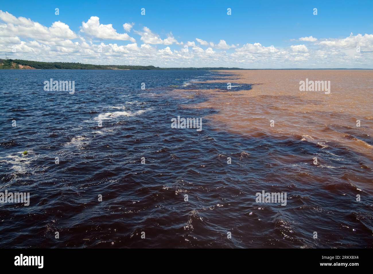 Confluence of the Rio Negro and Solimoes forming the Amazon river ...