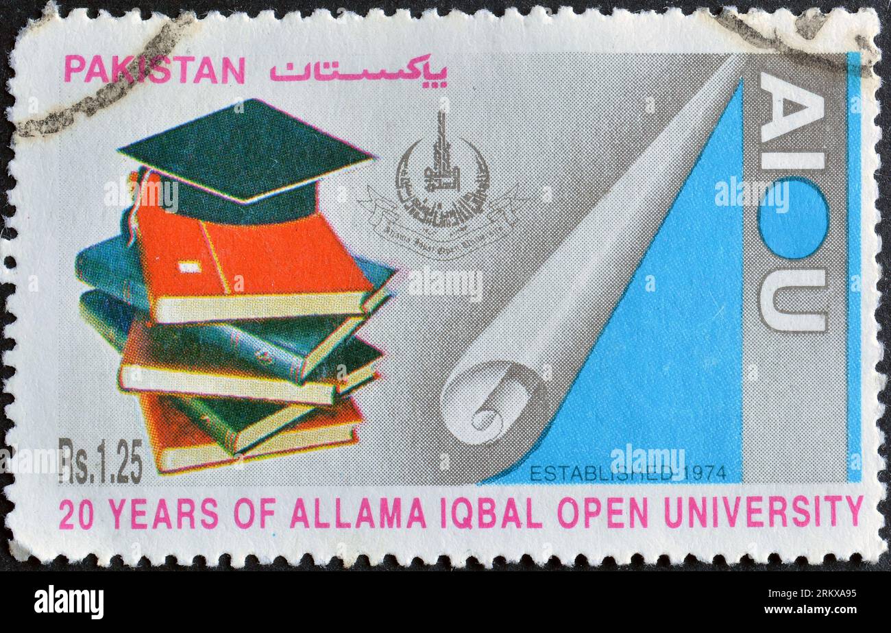 Cancelled postage stamp printed by Pakistan, that shows Allama Iqbal ...