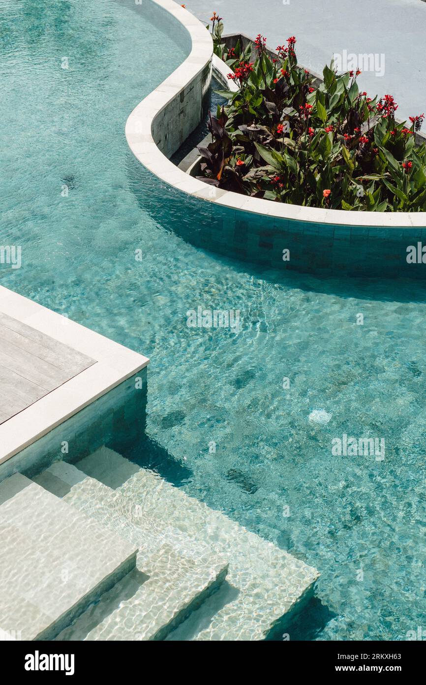 A vertical of tropical swimming pool in the jungle surroundings in Bali ...