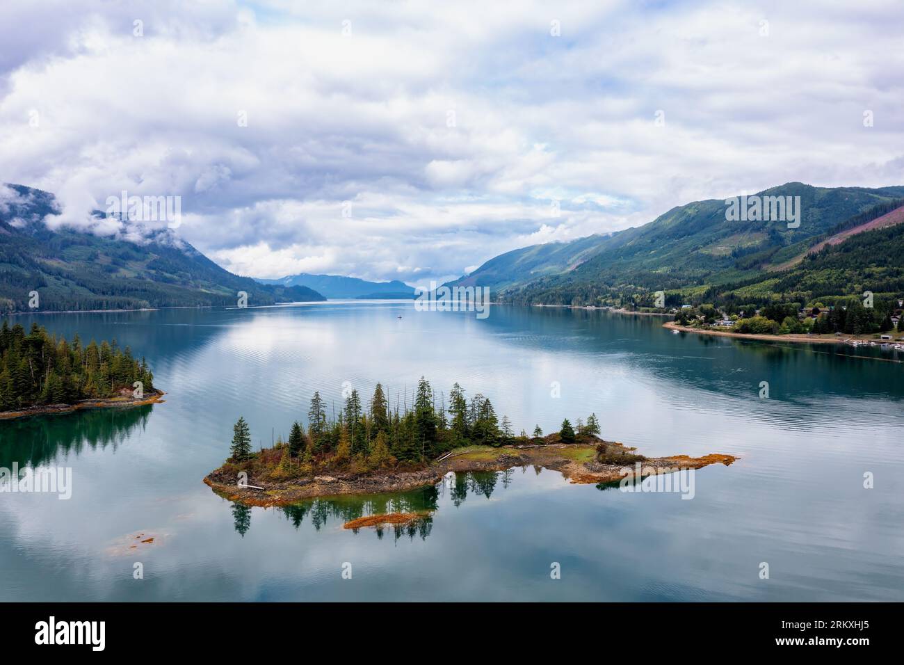 An aerial shot of Neroutsos Inlet, Port Alice, Vancouver Island, BC ...
