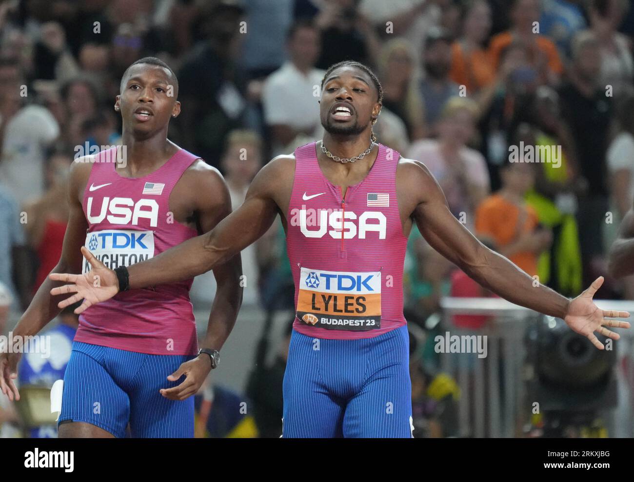 Budapest, Hungary. 26th Aug, 2023. Erriyon KNIGHTON and Noah LYLES of USA Final 200 METRES MEN ...