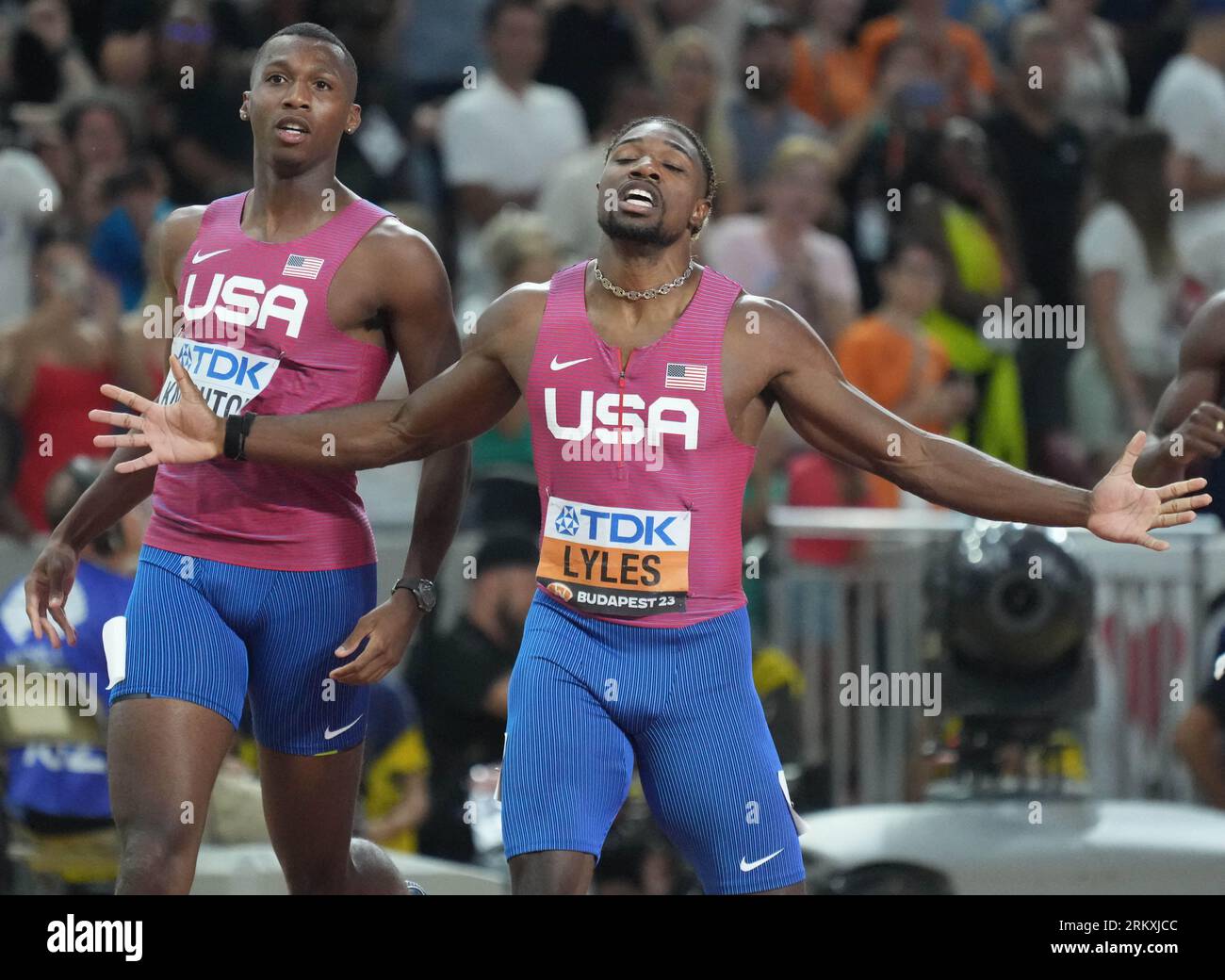 Budapest, Hungary. 26th Aug, 2023. Erriyon KNIGHTON and Noah LYLES of USA Final 200 METRES MEN ...