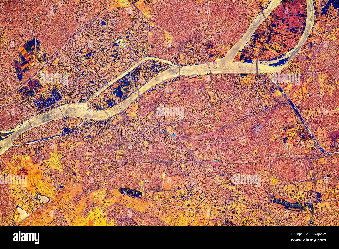 Cairo City and Nile River, Egypt. Digital enhancement of an image by ...