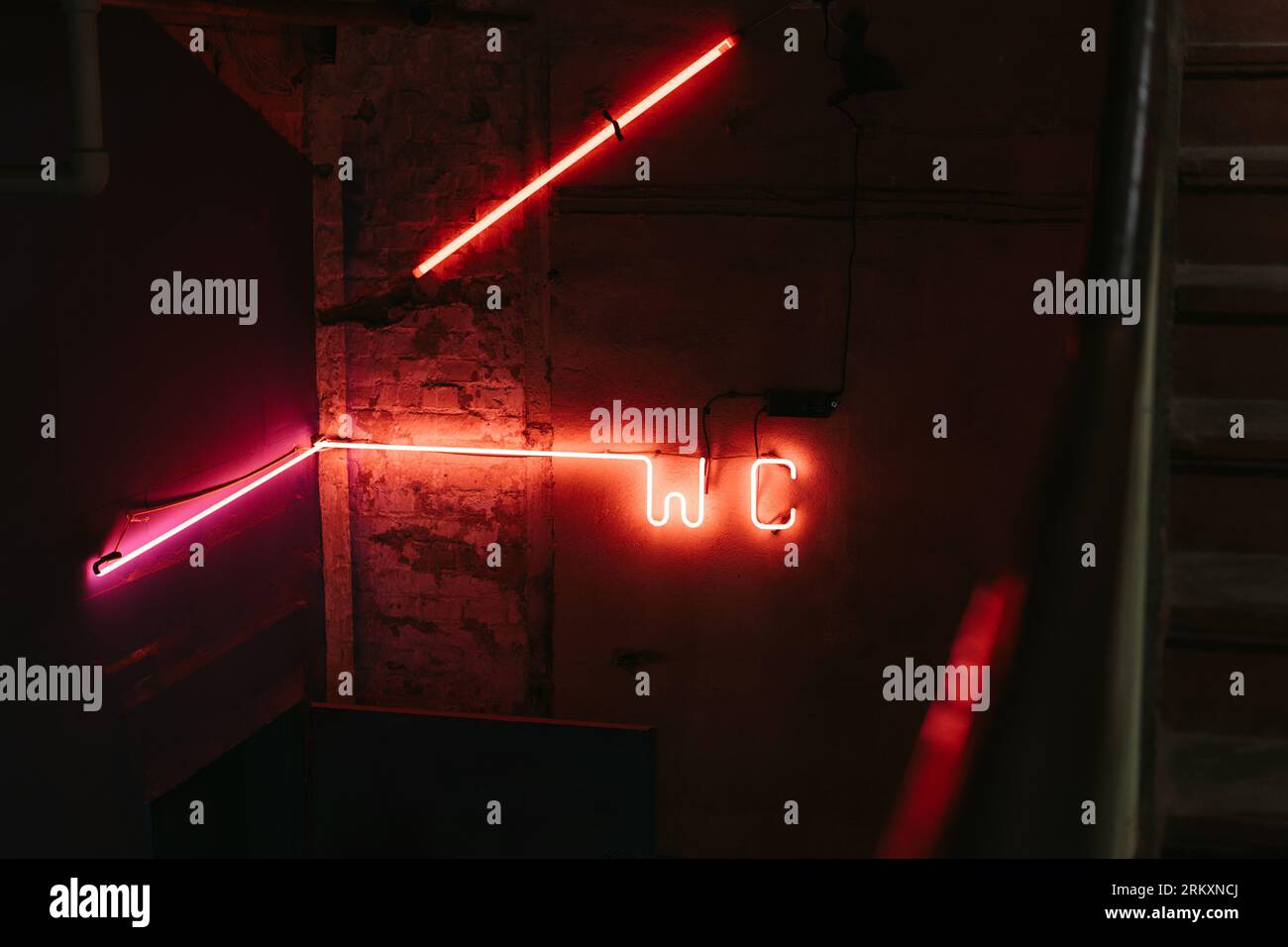 A night bar interior design with red neon lights with WC sign Stock ...