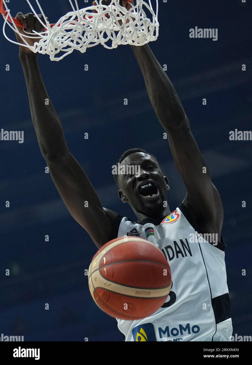 Manila, Philippines. 26th Aug, 2023. Majok Deng of South Sudan dunks ...