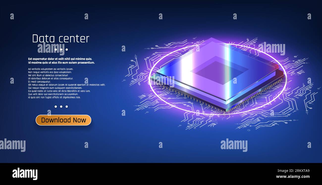 Futuristic microchip processor with lights on the blue background. Quantum computer, computer ...