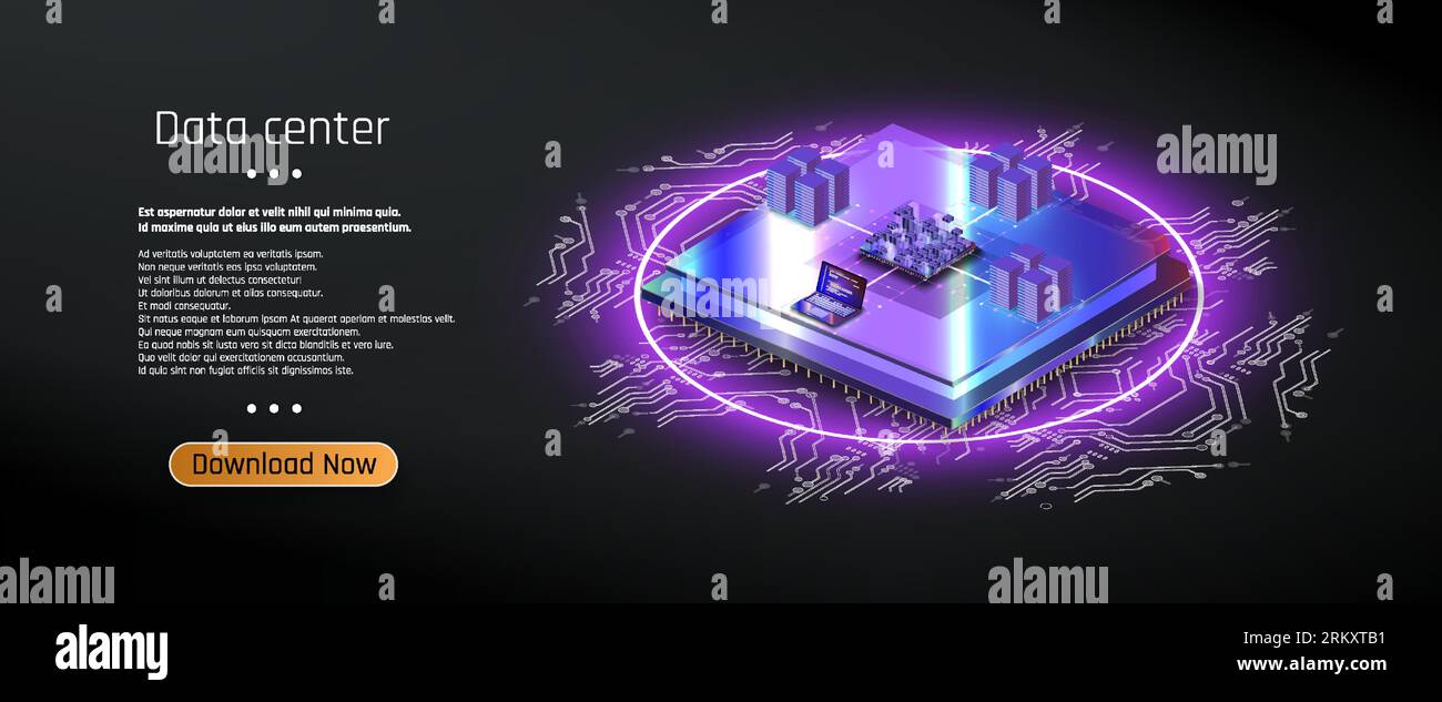 Futuristic microchip processor with lights on the blue background. Quantum computer, computer ...