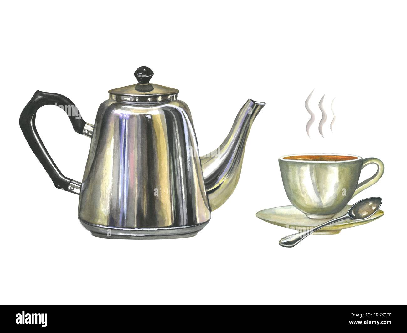 Watercolor illustration composition of metal teapot, porcelain cup of ...