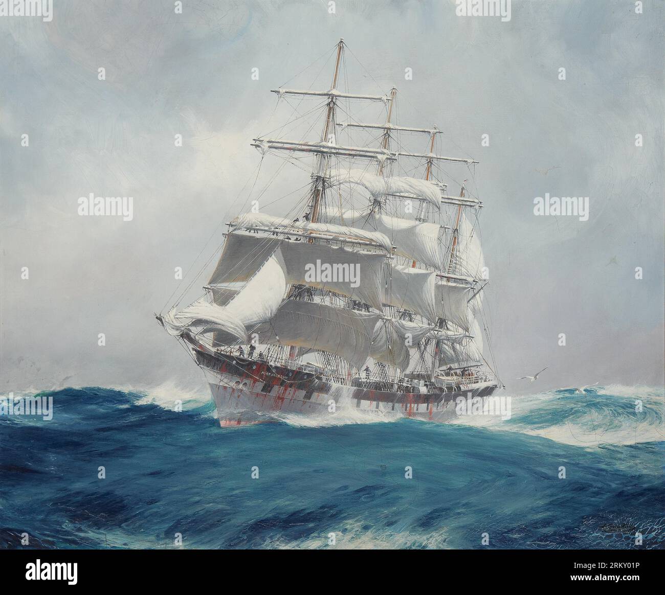 The four-masted wool clipper Port Jackson cutting through a heavy swell ...