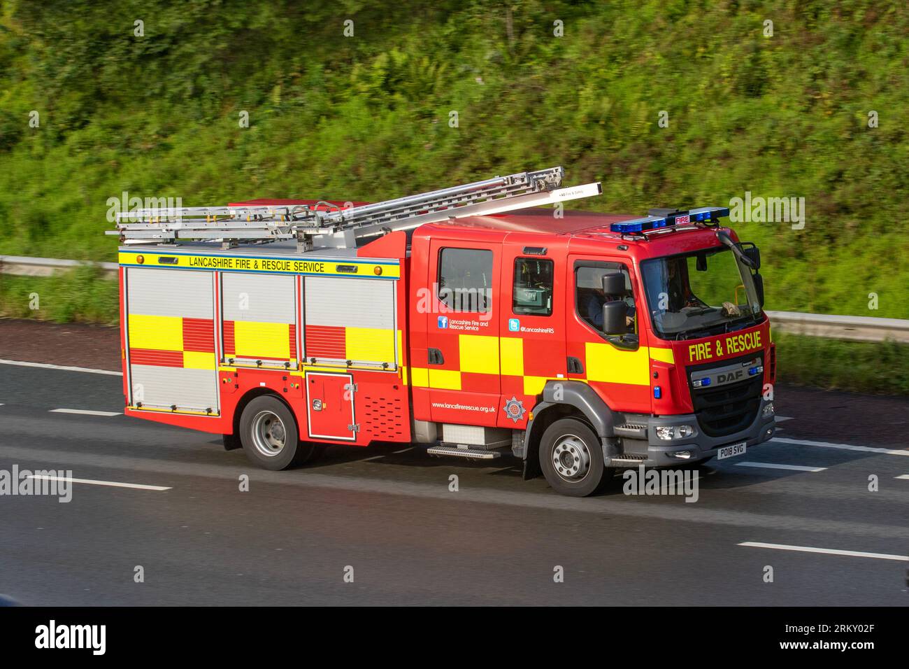 Lancashire Fire & Rescue Service DAF truck travelling at speed on the ...