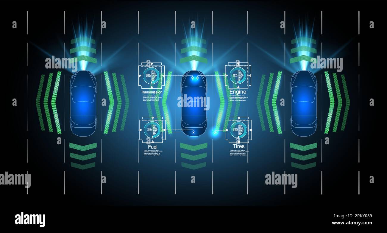 Smart cars driving on the road, driverless vehicles, top view. ADAS ...
