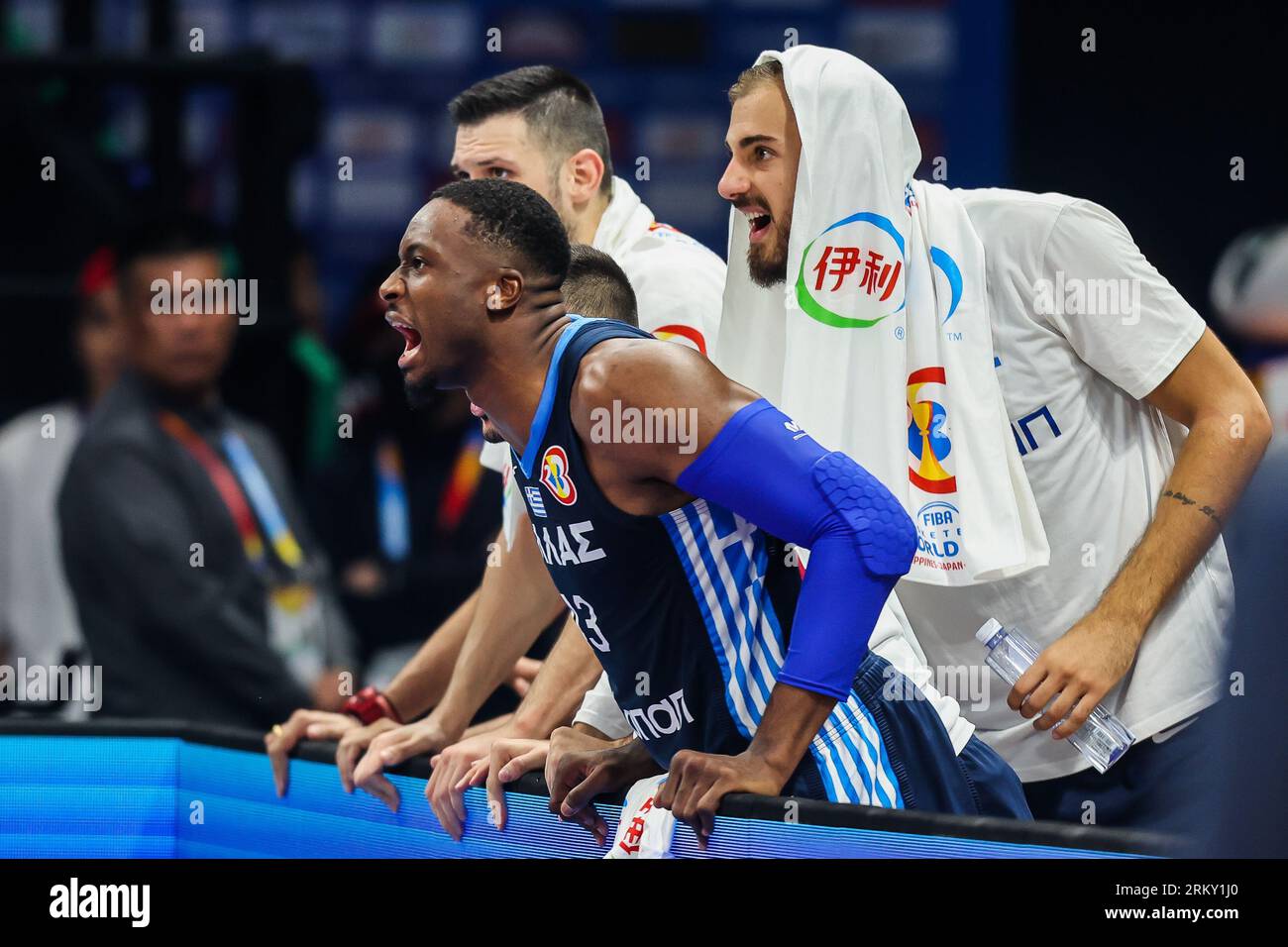 Pasay City. 26th Aug, 2023. Players of Greece cheer on the bench during ...