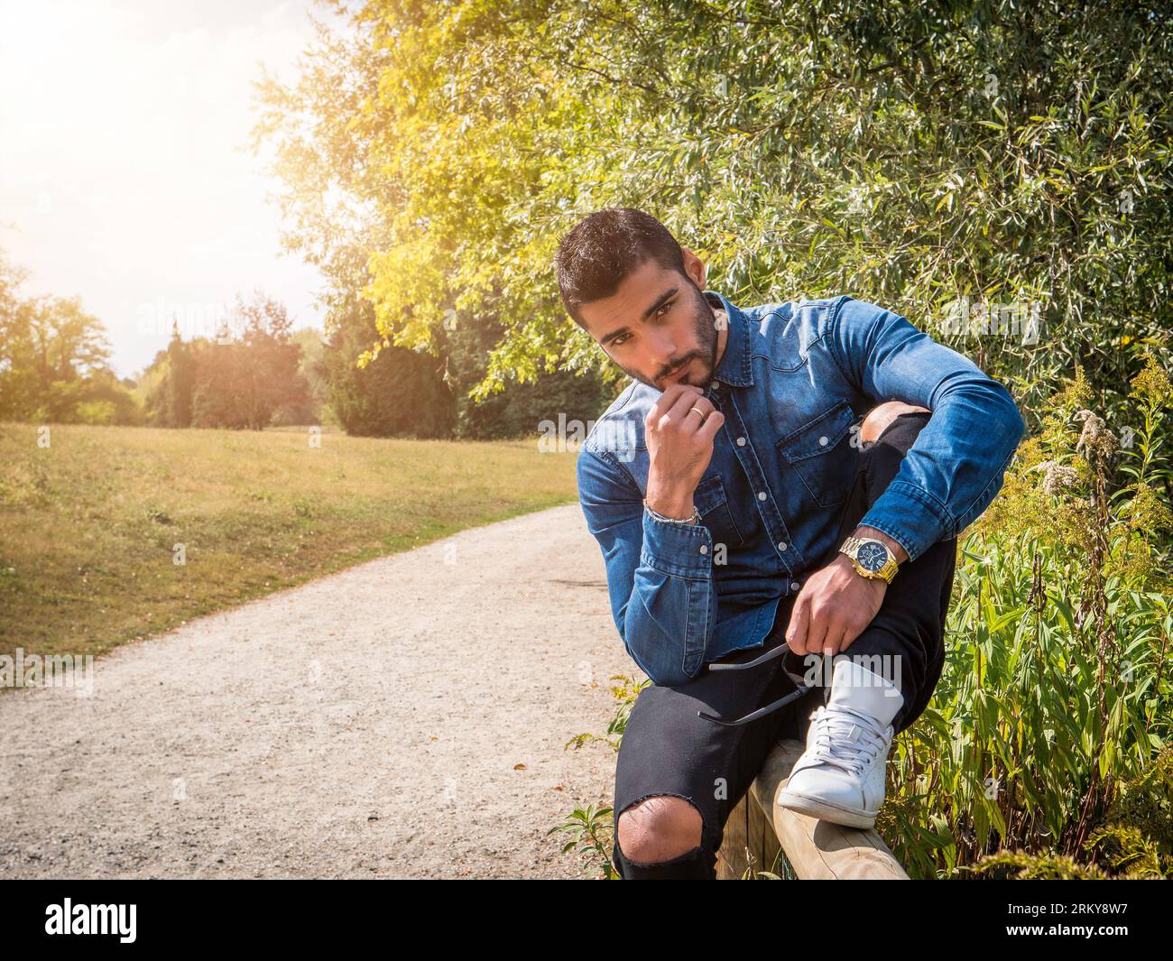 Photo of a man enjoying nature while sitting on a park bench Stock ...