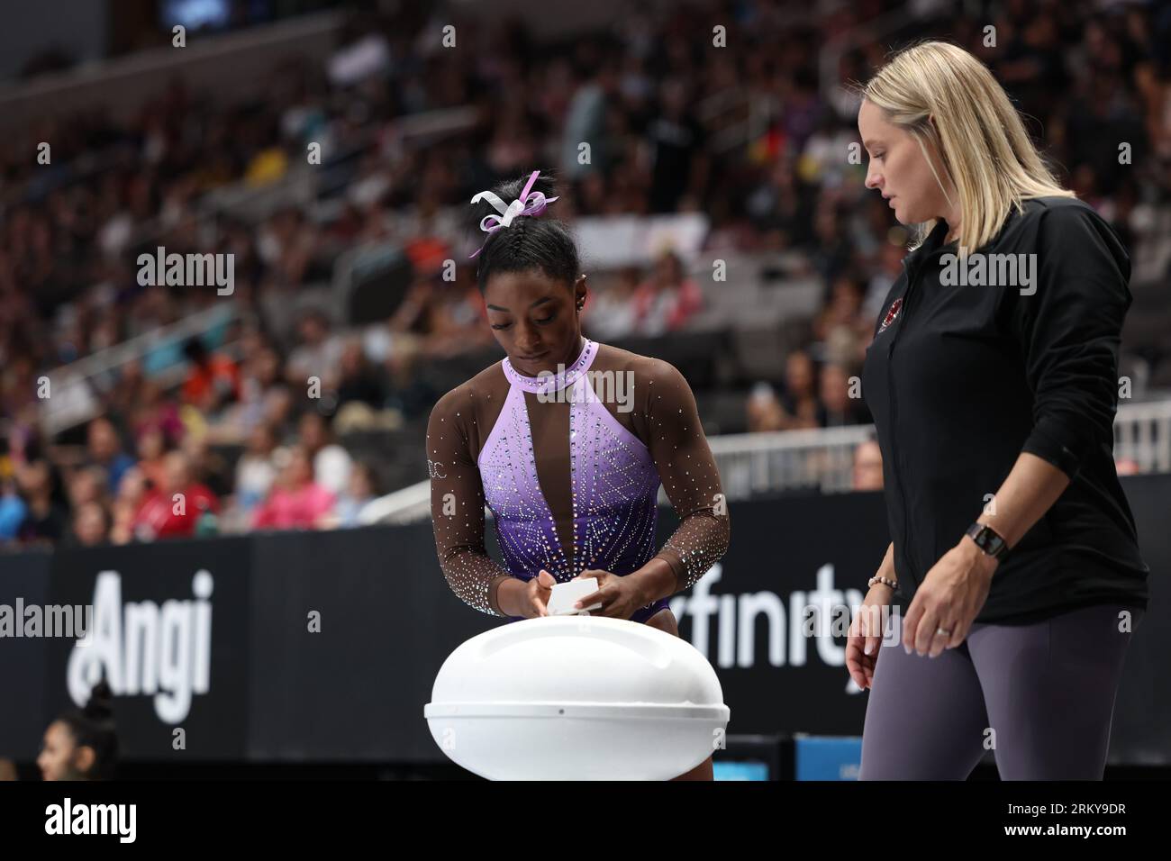 August 25, 2023: Olympic gold medalist Simone Biles with coach Cecile ...