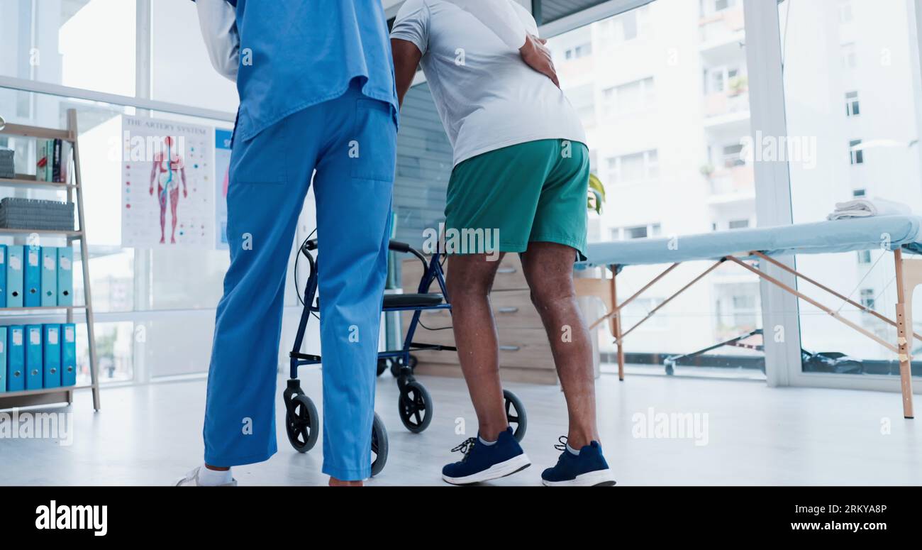 Senior care, support and physiotherapist with old man, walker and ...