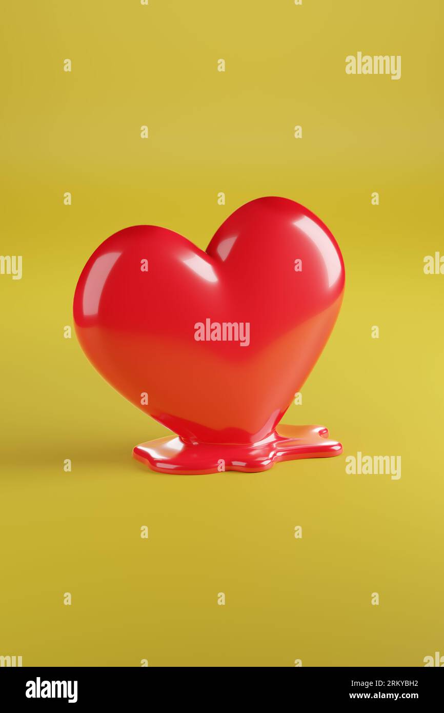 Melted red heart isolated on yellow background. 3d illustration Stock ...