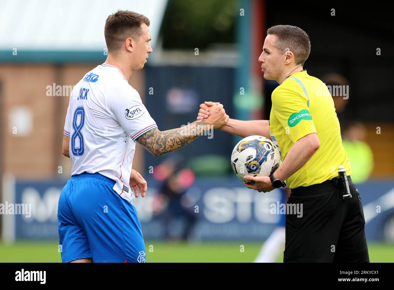 Rangers' Ryan Jack (left) shake hands with referee David Munro after ...