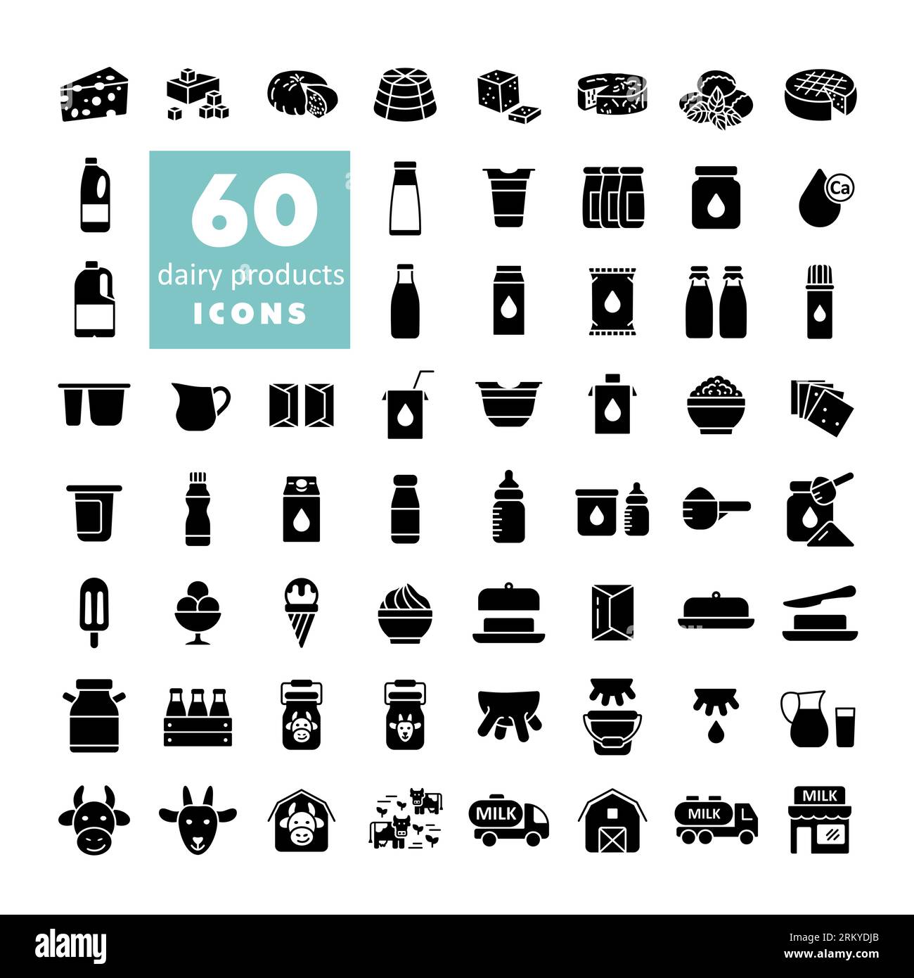 Milk, dairy products vector glyph icon set. Graph symbol for cooking ...