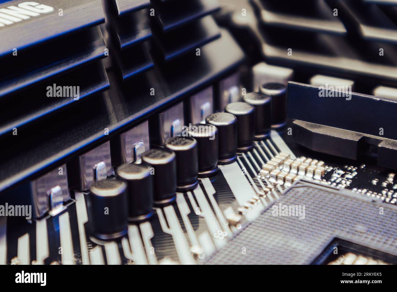 Motherboard with sockets and microchips close-up on a desktop PC ...